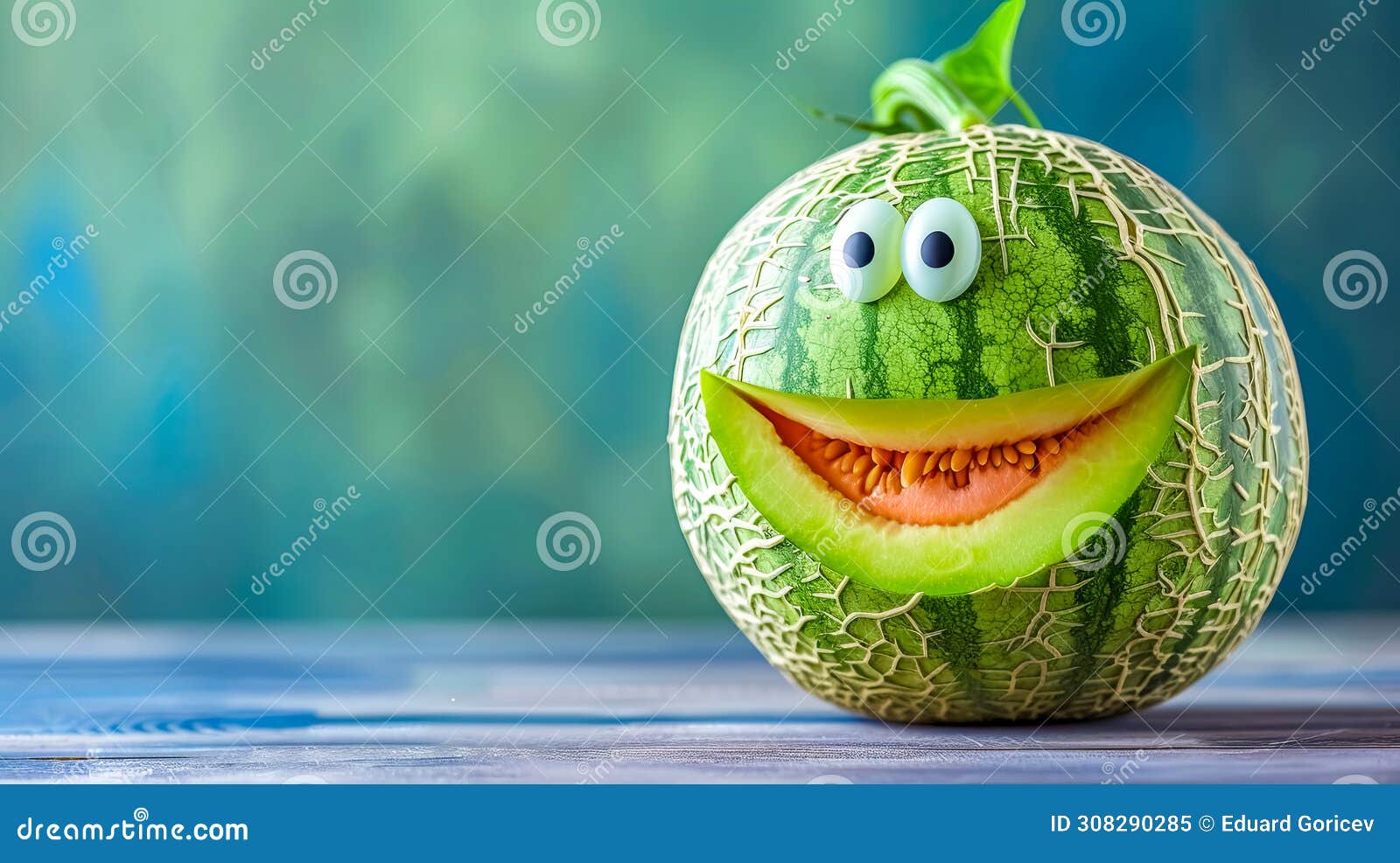 Happy Watermelon Character with Googly Eyes on Blue Table Stock Image ...