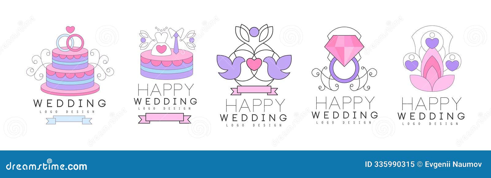 Happy Wedding Logo Design With Marriage Ceremony Element Vector Set ...