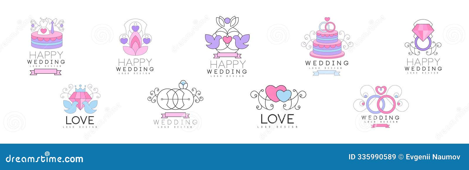 Happy Wedding Logo Design with Marriage Ceremony Element Vector Set ...