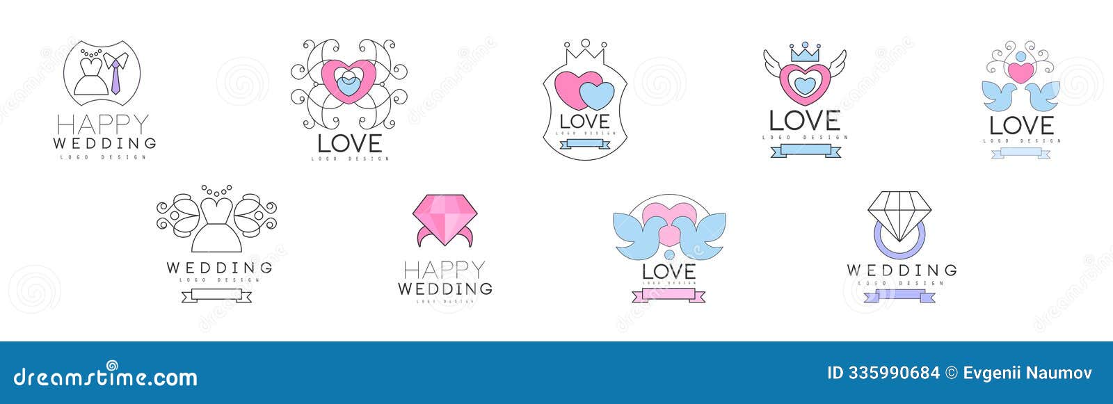 Happy Wedding Logo Design with Marriage Ceremony Element Vector Set ...