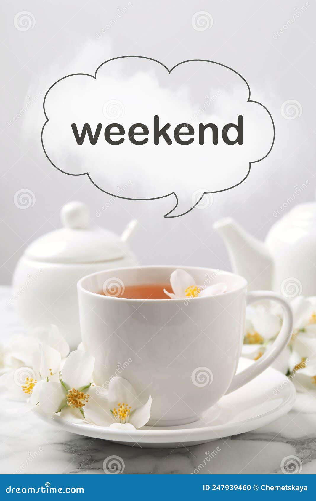 Happy Weekend. Aromatic Jasmine Tea and Fresh Flowers on White Marble ...