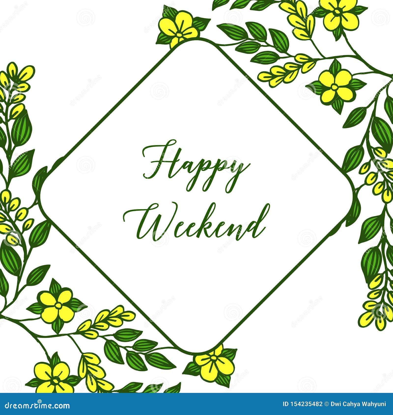 Happy Weekend with Beautiful Drawing Yellow Flower Frame. Vector Stock ...