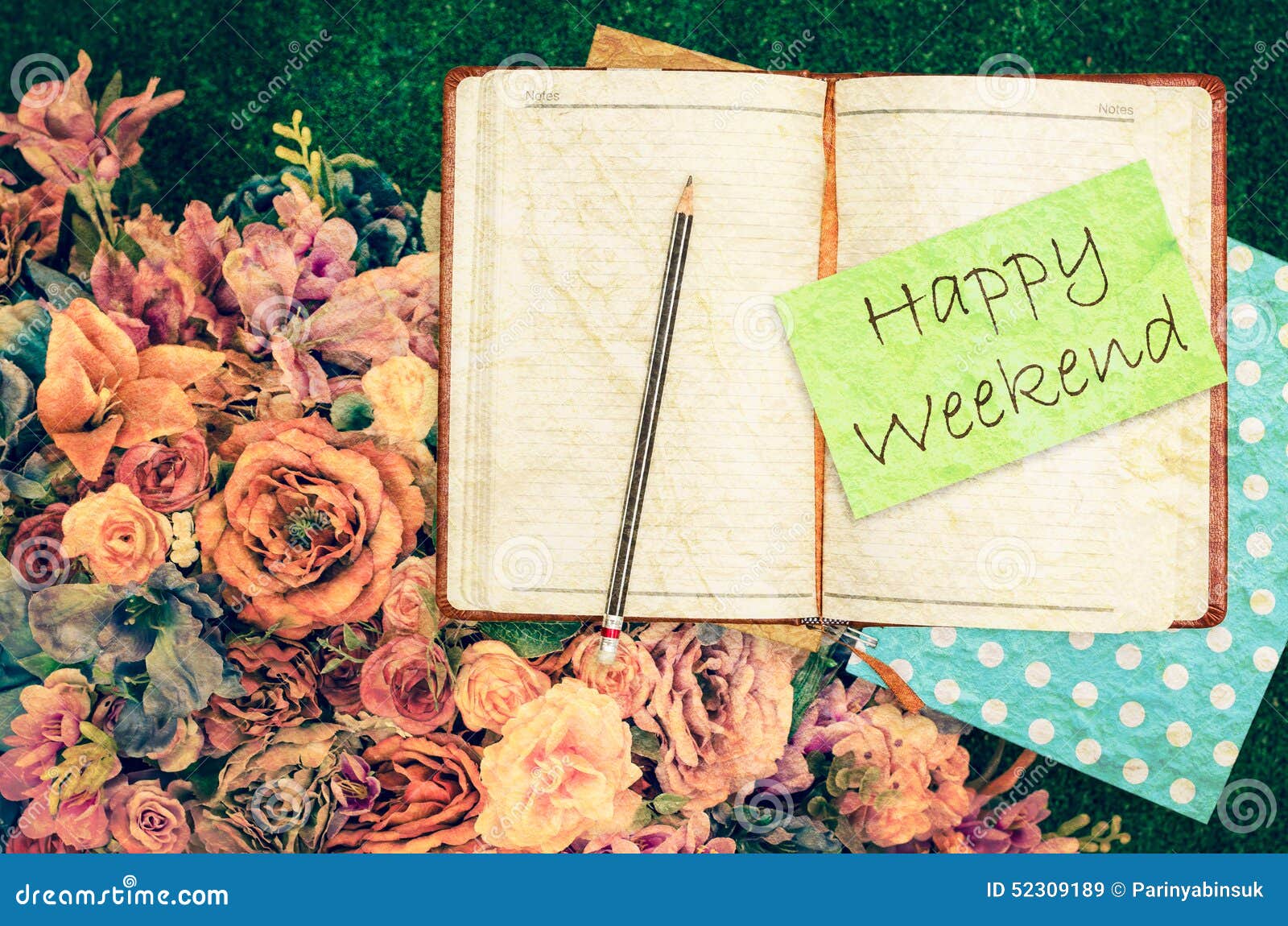 Happy Weekend on Note Book and Flower Bouquet Stock Image - Image of ...