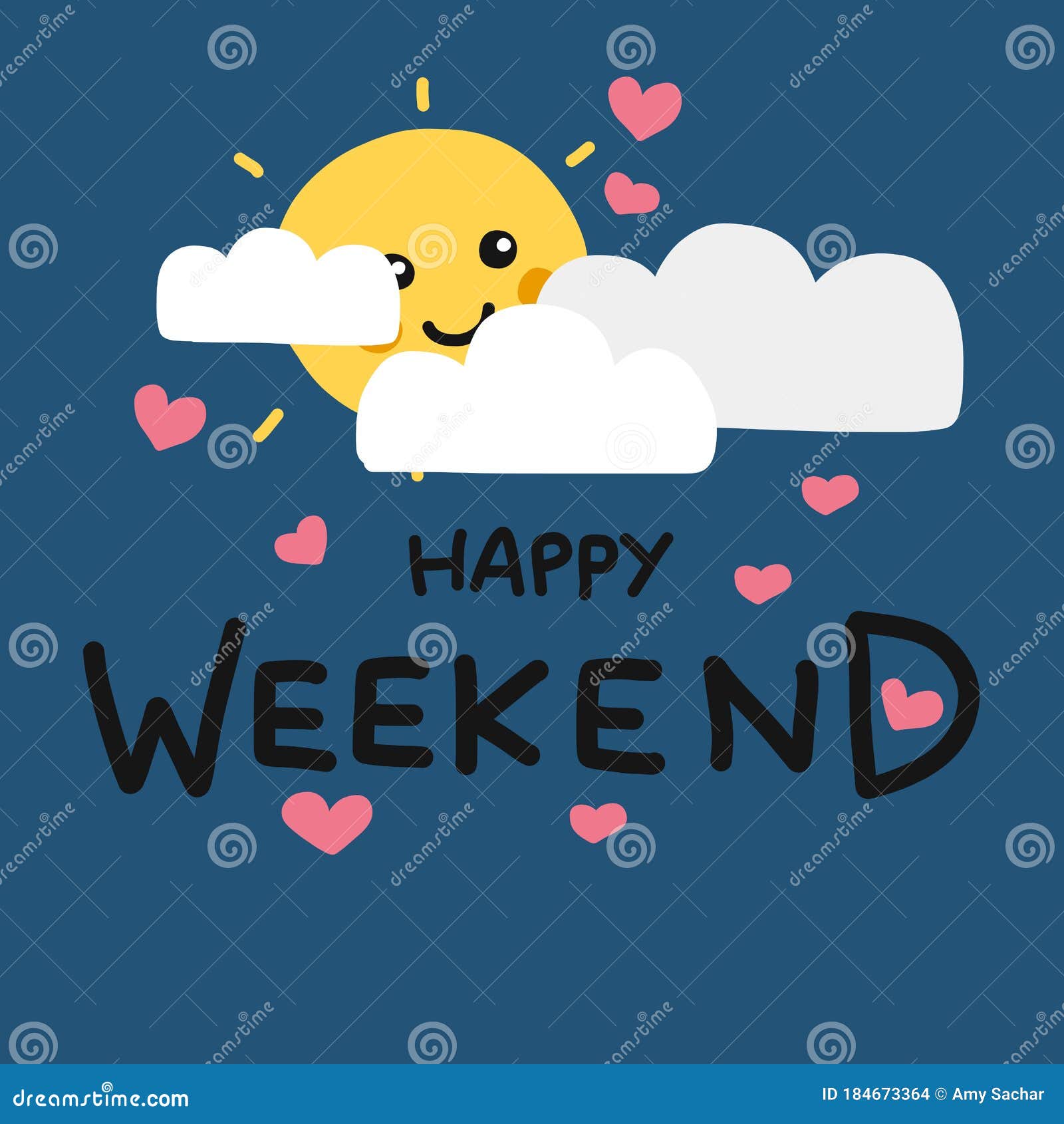Happy Weekend Cute Sun Smile and Cloud Cartoon Illustration Doodle ...