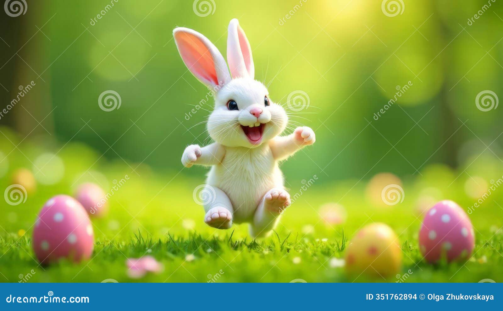 Happy White Easter Bunny Dancing in the Garden with Colored Eggs Stock ...