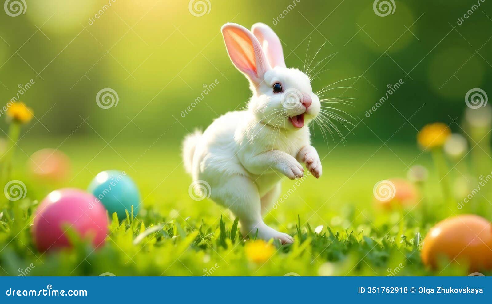 Happy White Easter Bunny Dancing in the Garden with Colored Eggs Stock ...