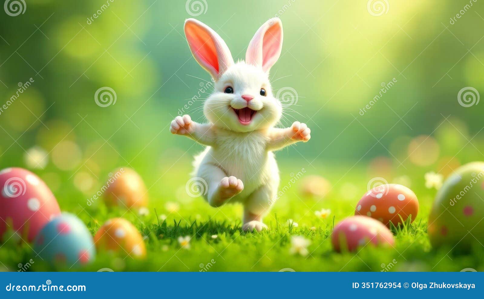 Happy White Easter Bunny Dancing in the Garden with Colored Eggs Stock ...
