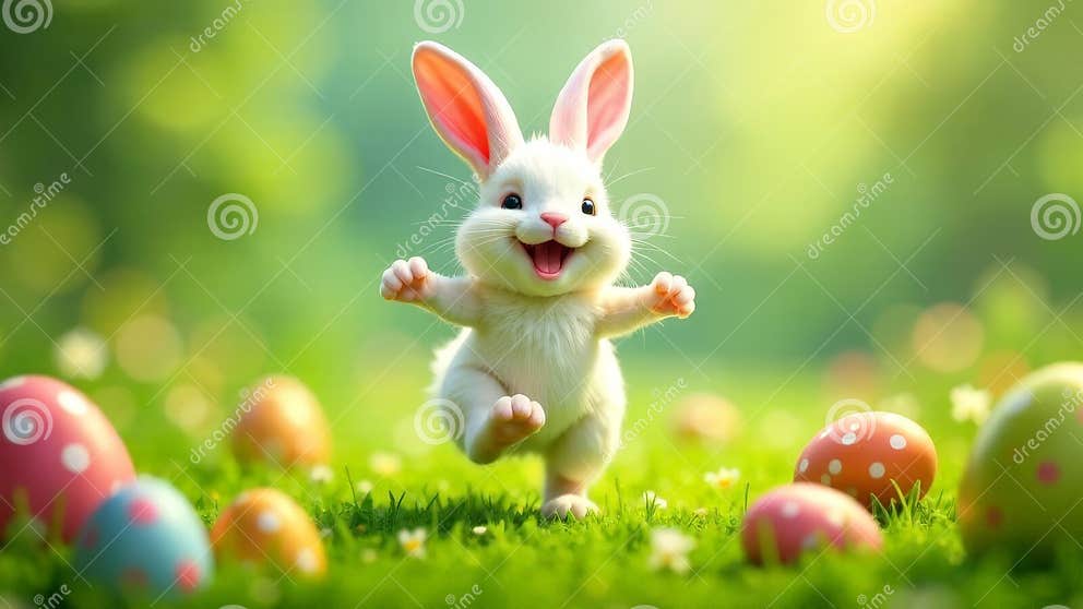 Happy White Easter Bunny Dancing in the Garden with Colored Eggs Stock ...