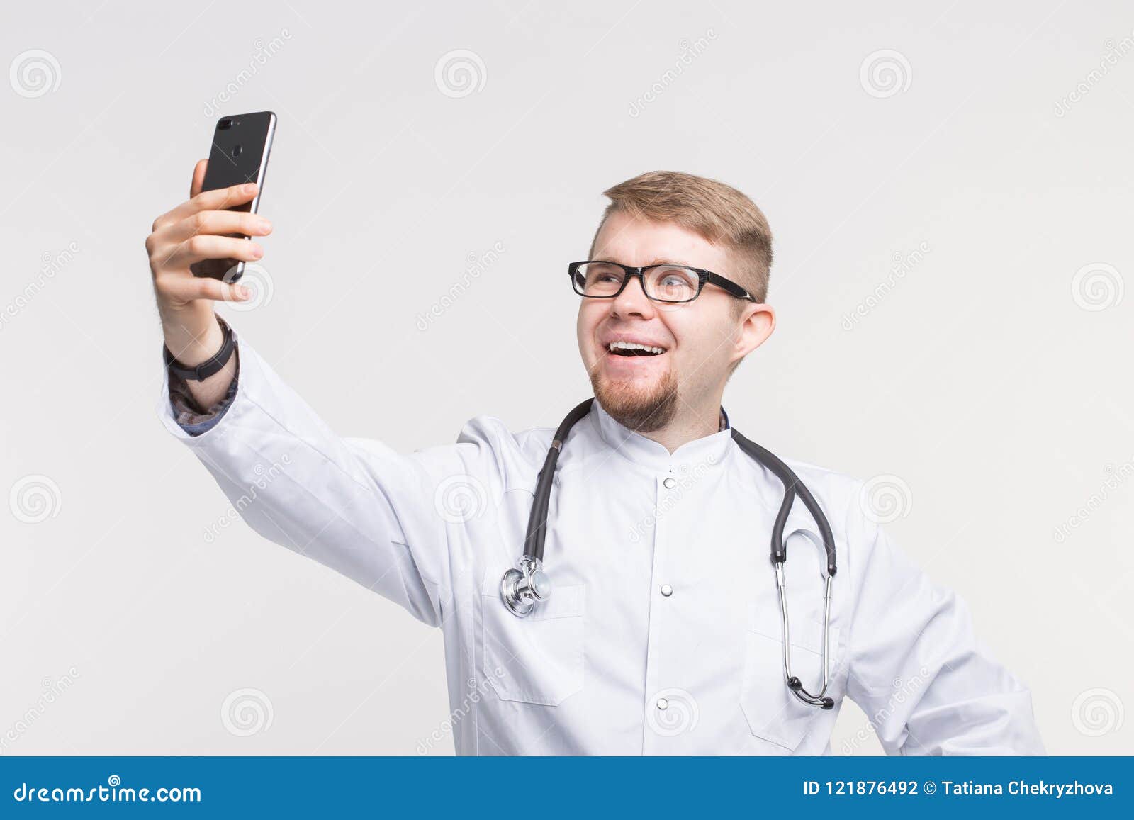 Happy Male Doctor Making Selfie in Studio Stock Photo - Image of ...