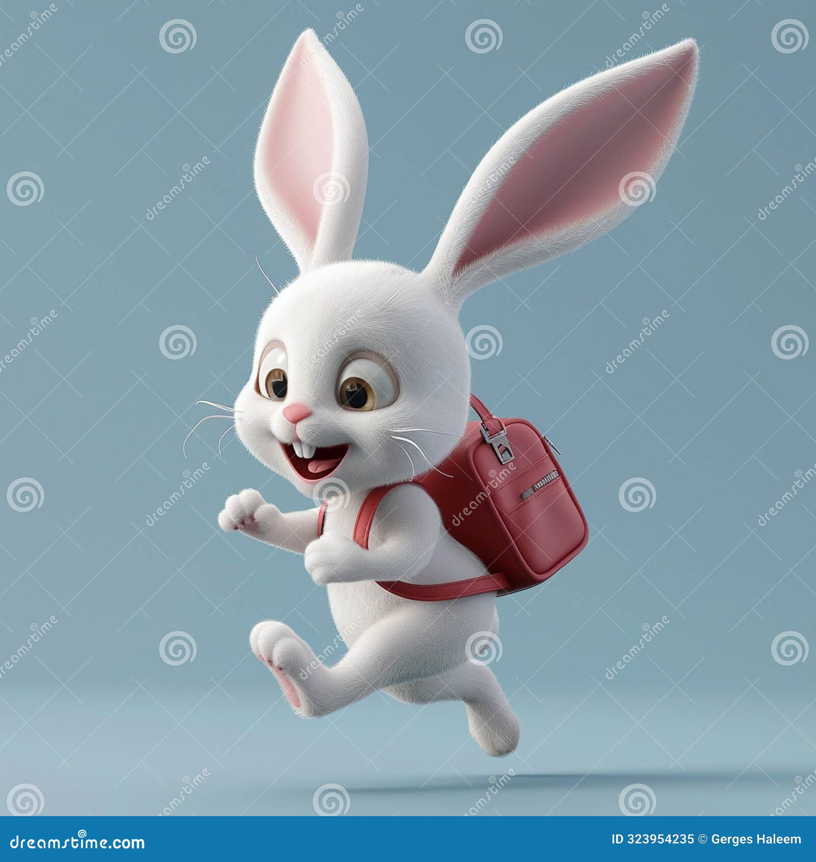 Happy White Rabbit Running with Red Backpack Stock Illustration ...