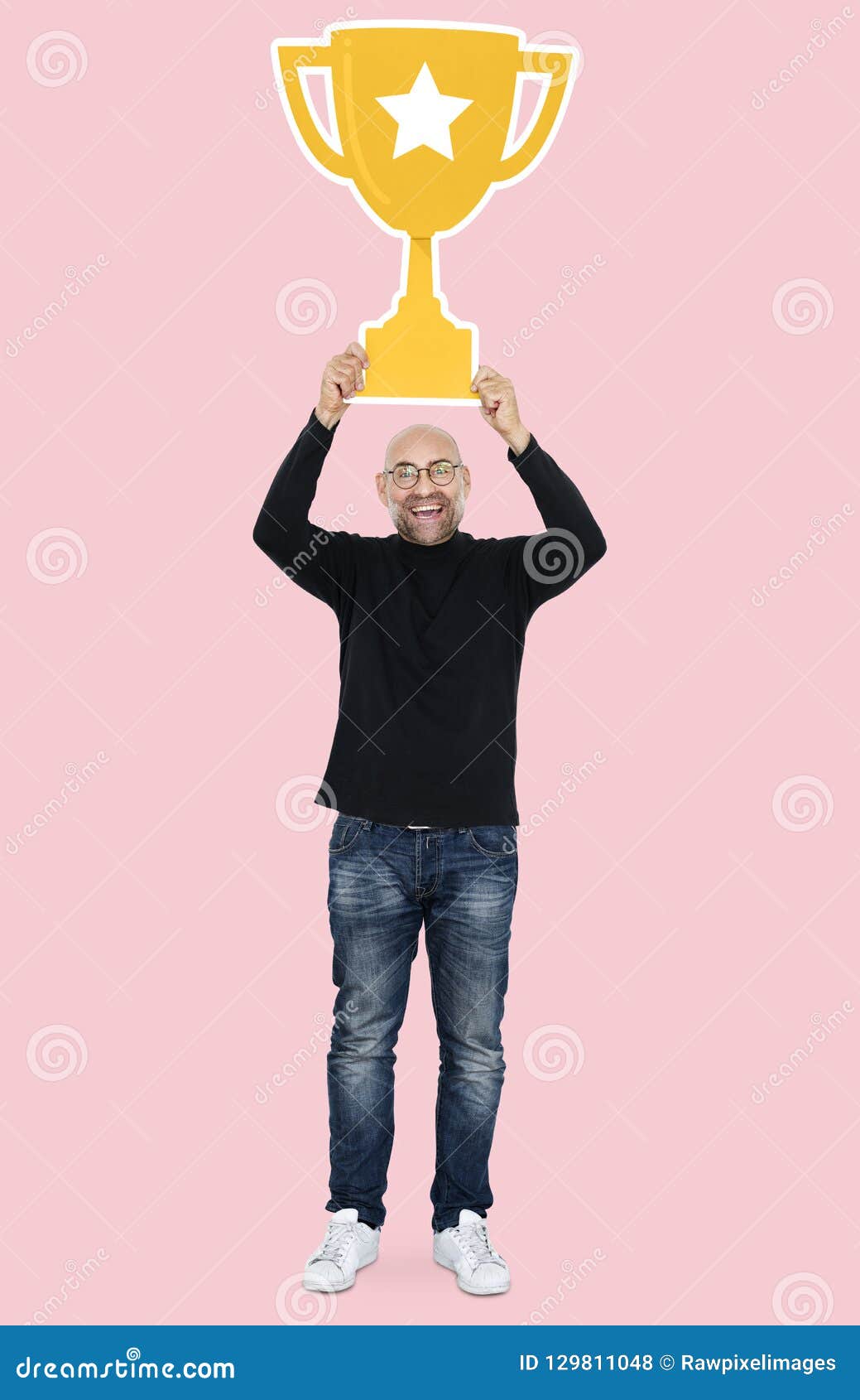 Happy Winner Holding a Trophy Icon Stock Photo - Image of happiness ...