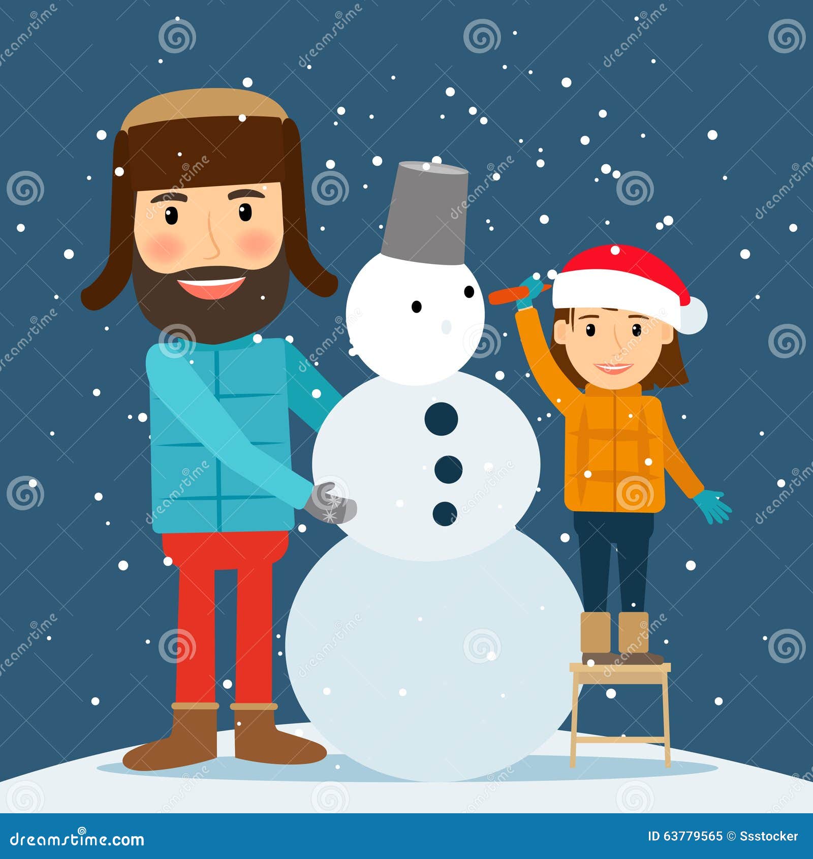 Happy Winter Time. Snowman, Dad and Daughter Stock Vector ...