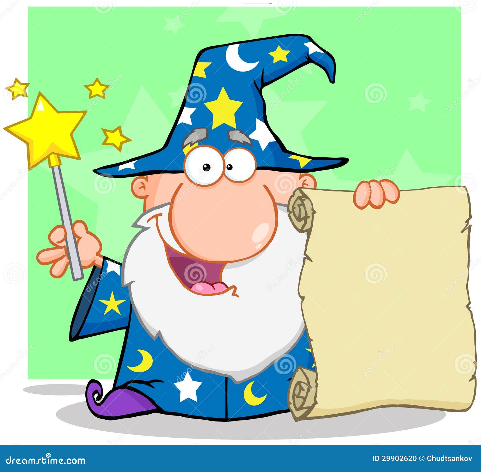Happy Wizard Holding Up a Scroll Stock Vector - Illustration of costume ...