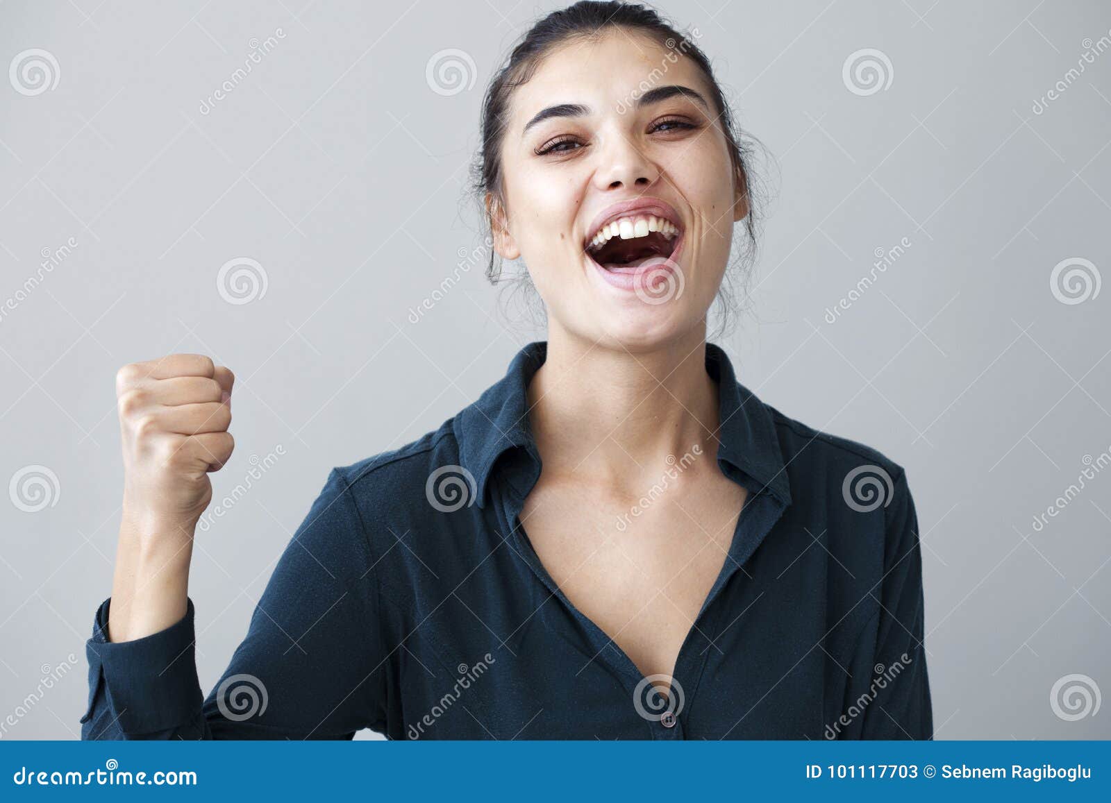 Happy Woman Arm Raised Hand on Gray Backgorund Stock Image - Image of ...