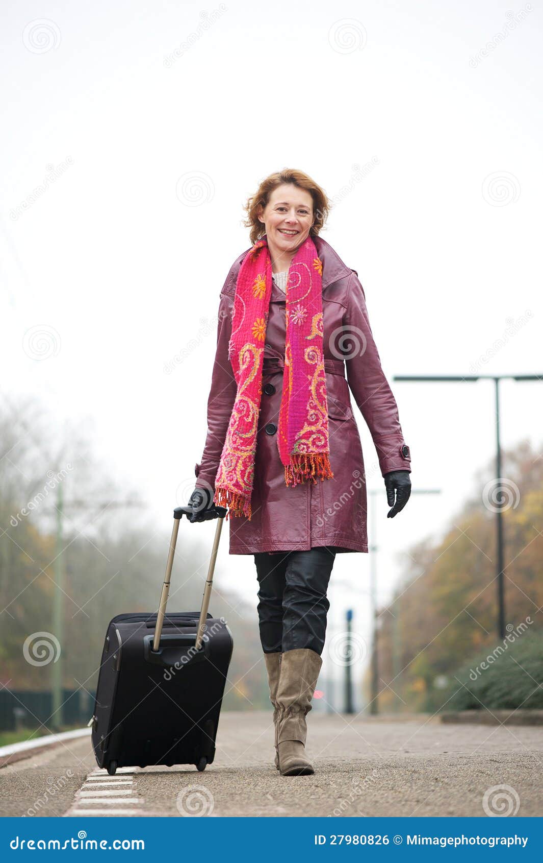 Happy Woman Arriving at Train Station Stock Photo - Image of outdoor ...