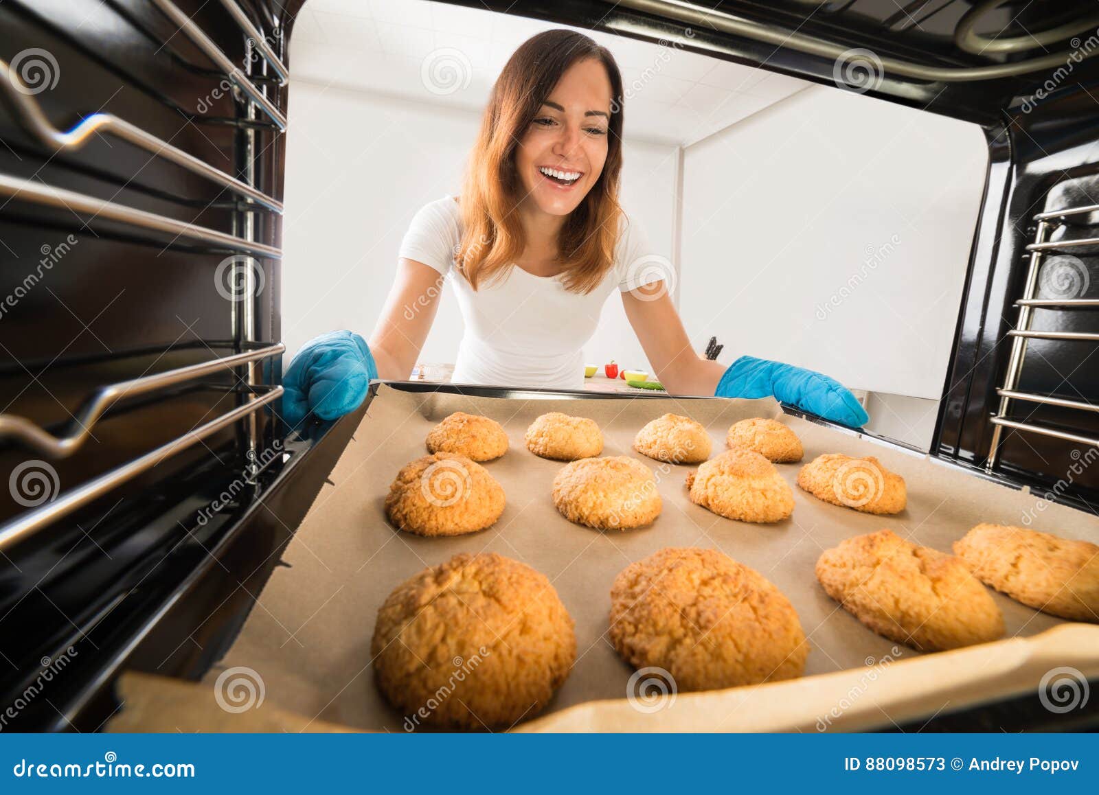 Happy Woman Baking Cookies In Oven Stock Image Image Of Cooker Fresh