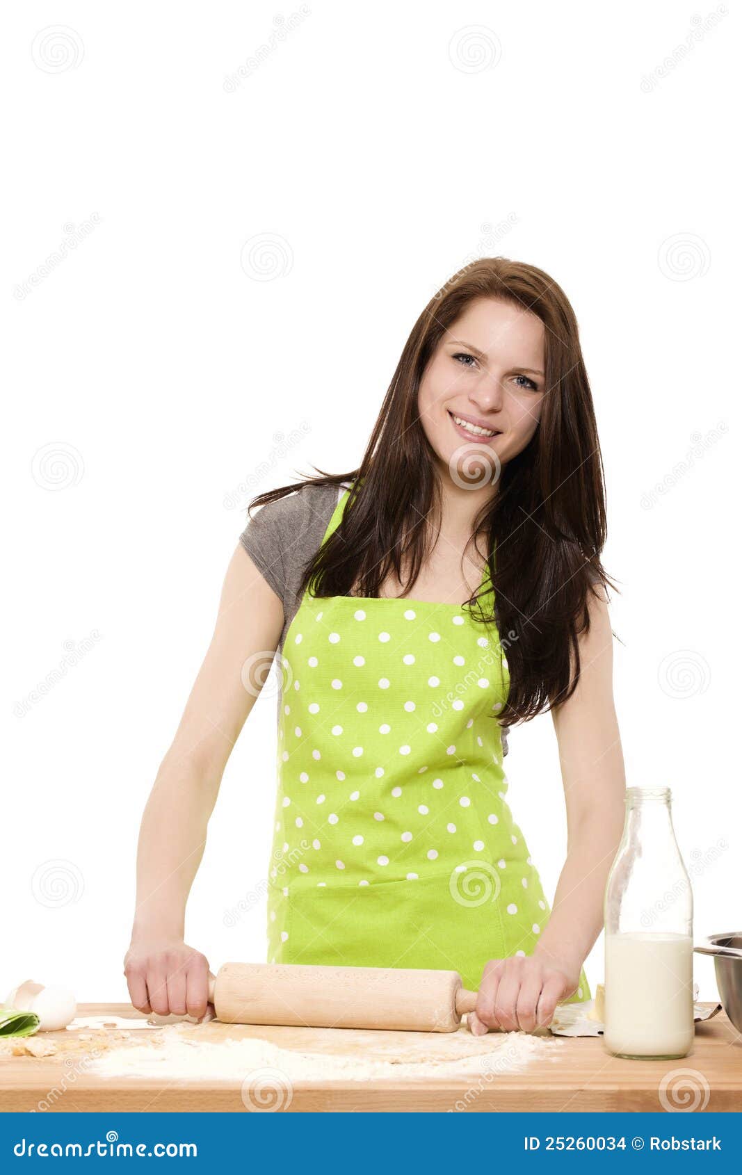 Happy Woman at Baking with Rolling Pin on Dough Stock Photo - Image of ...