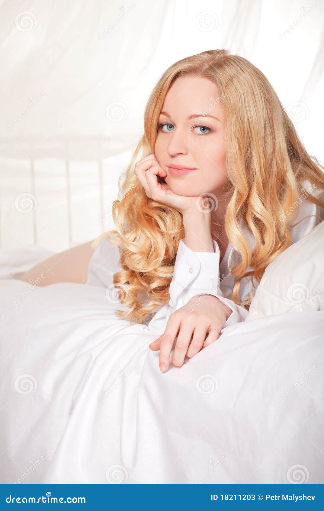 Happy Woman in Bed stock image. Image of female, attractive - 18211203