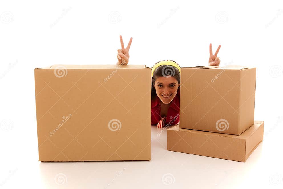 Happy Woman Behind the Boxes Stock Photo - Image of cardboard ...