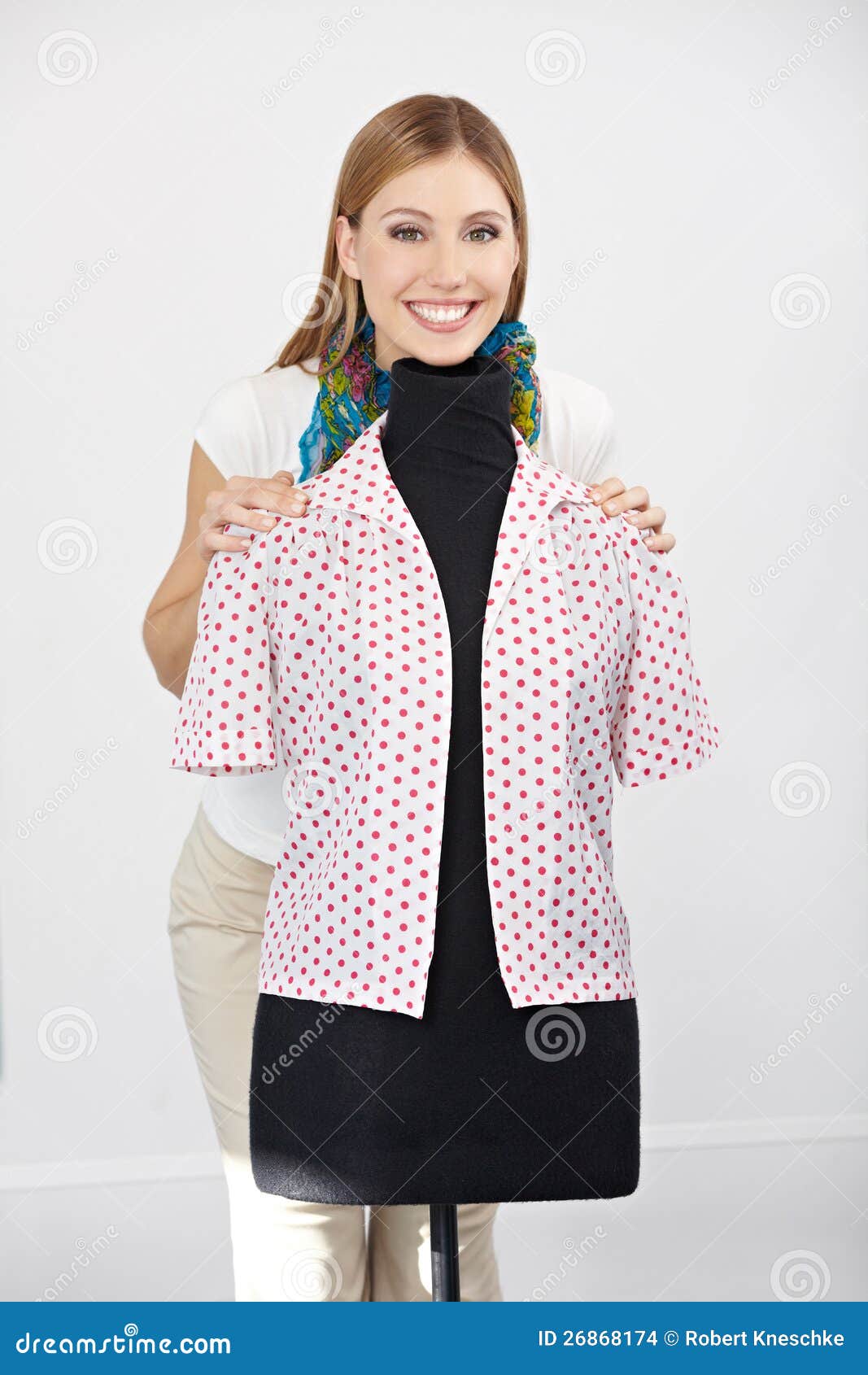 Happy Woman Behind Dress Form Stock Photo - Image of dress, alteration ...