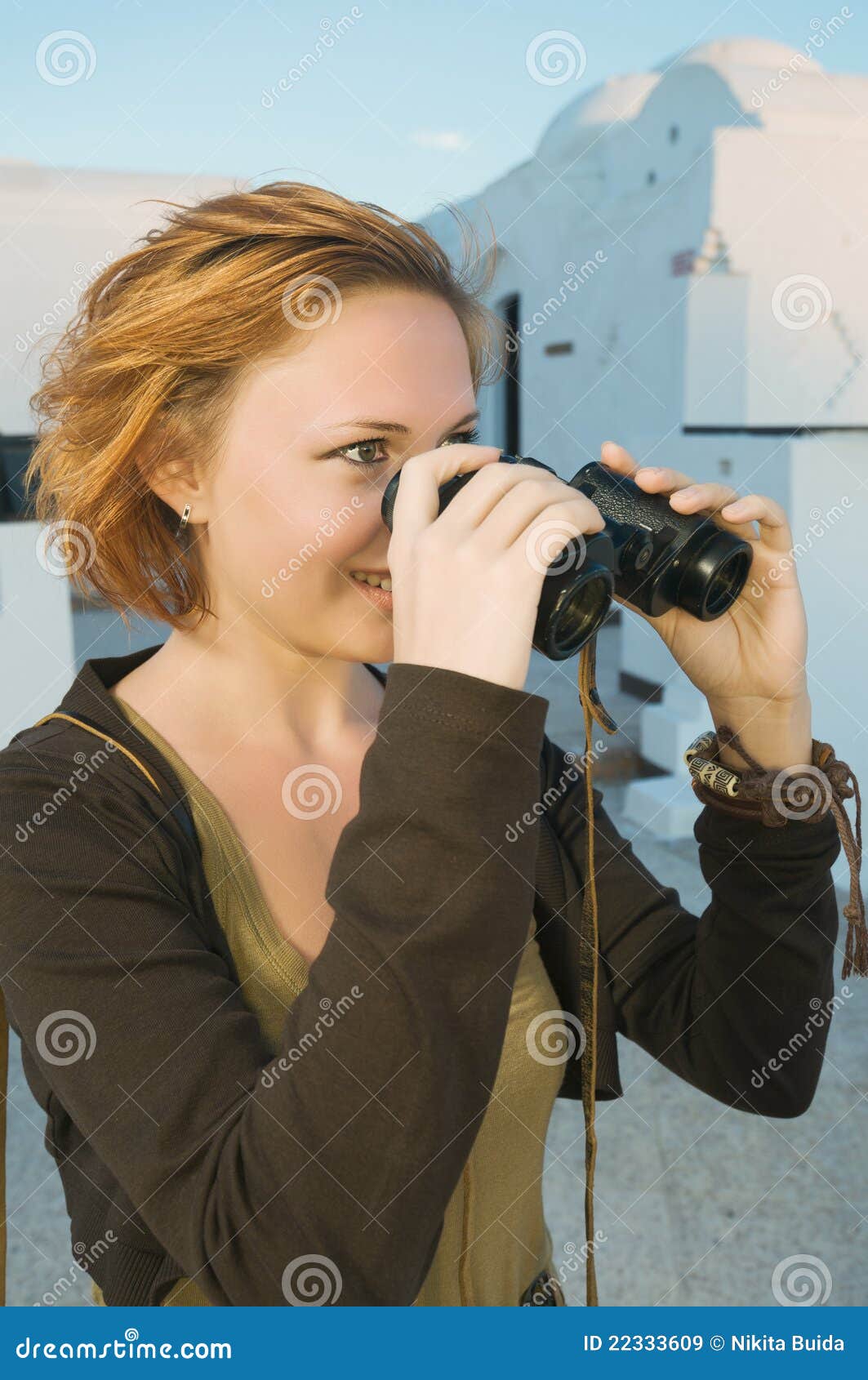 Happy Woman with Binoculars Stock Image - Image of casual, discovery ...