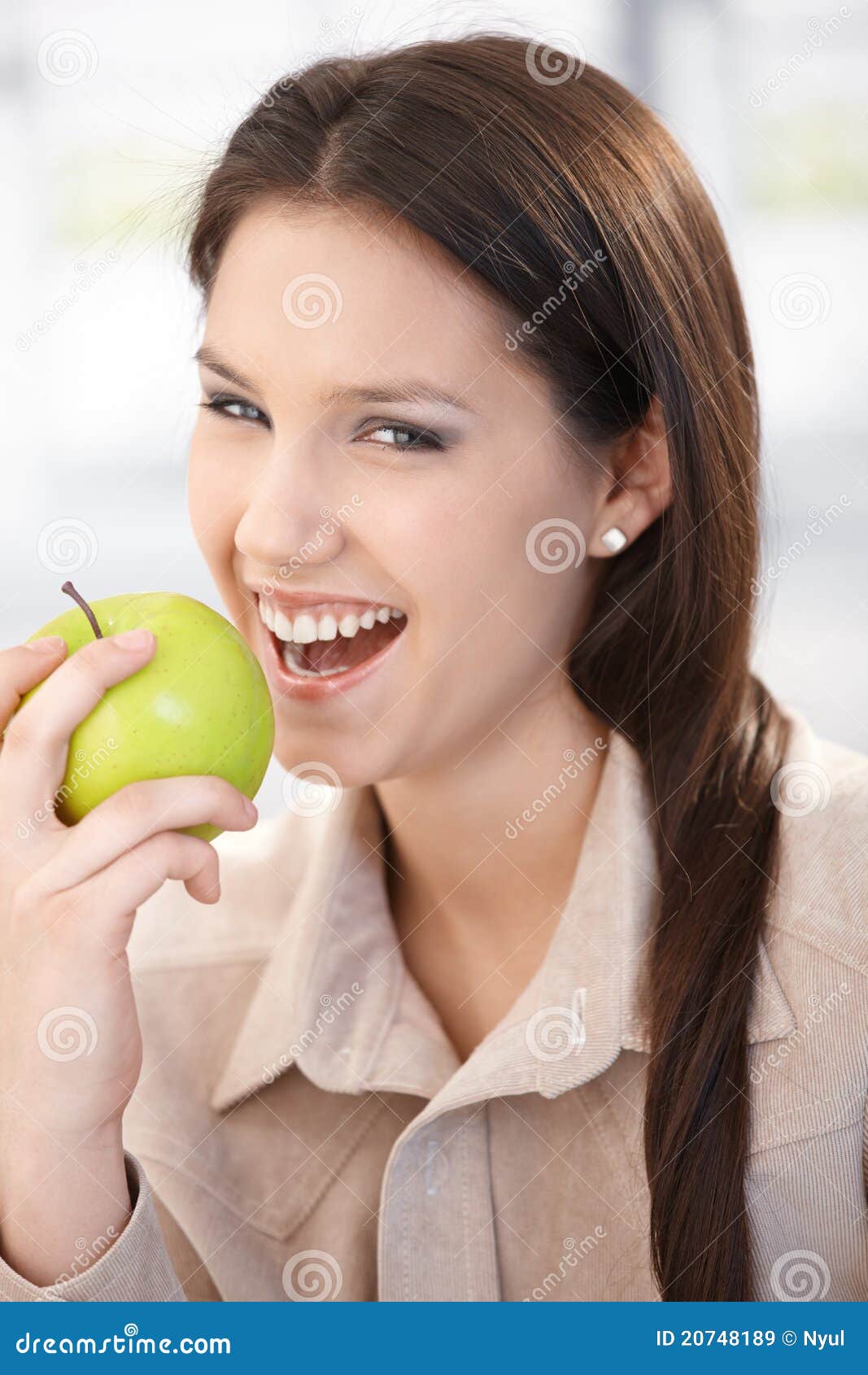 Happy Woman Biting an Apple Smiling Stock Image - Image of happiness ...