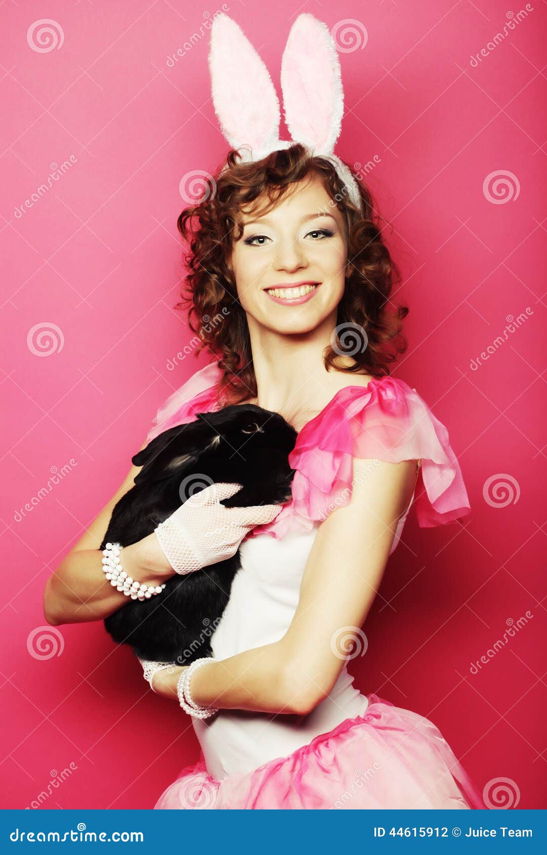 Happy Woman with Black Rabbit Stock Photo - Image of hairstyle ...