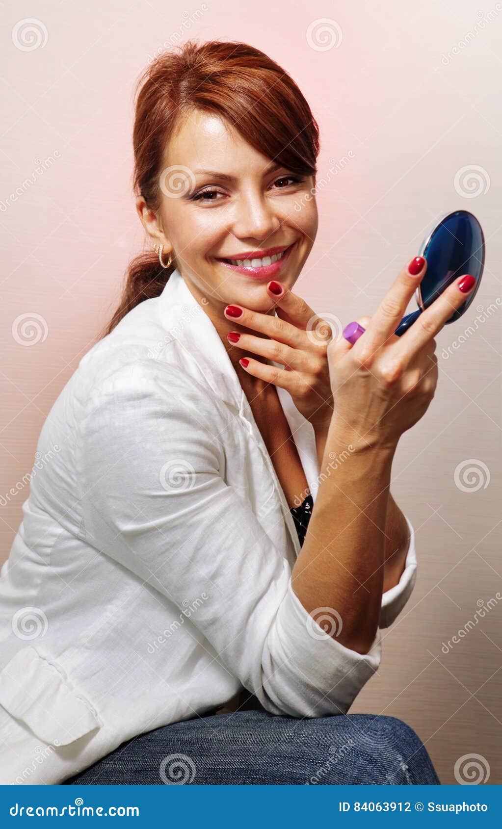 Happy Woman with Blue Compact Mirror Stock Photo - Image of gussy ...