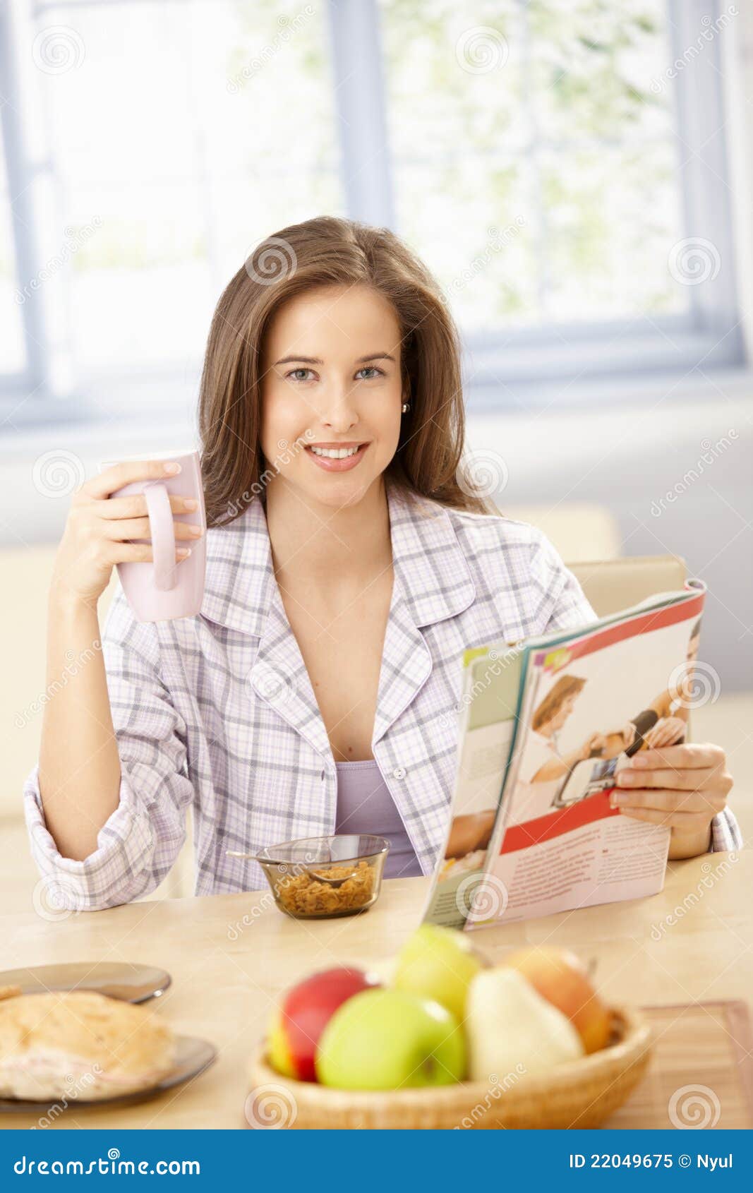 Happy Woman at Breakfast with Magazine Stock Image - Image of home ...