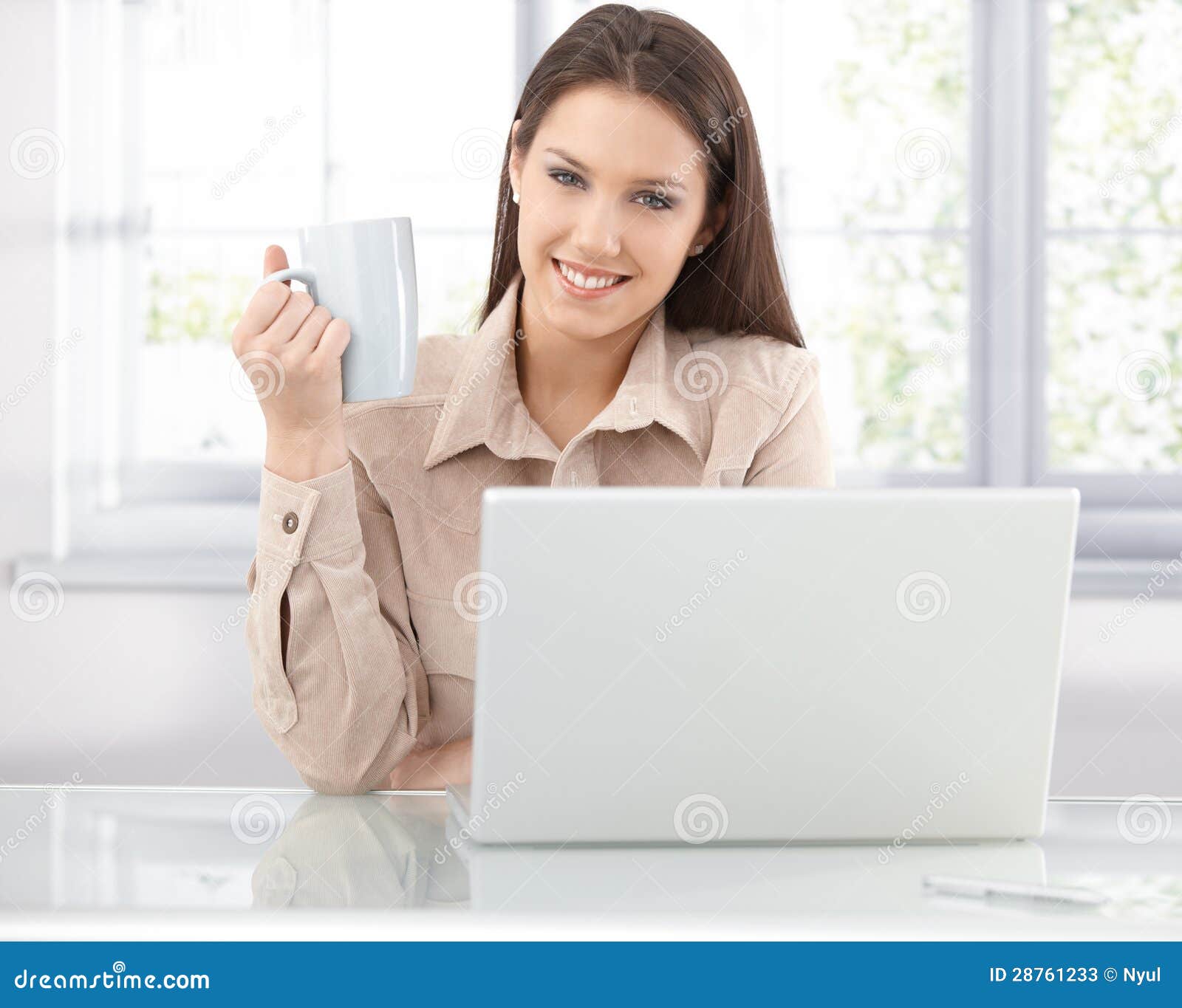 Happy Woman Browsing Internet at Home Stock Image - Image of contact ...