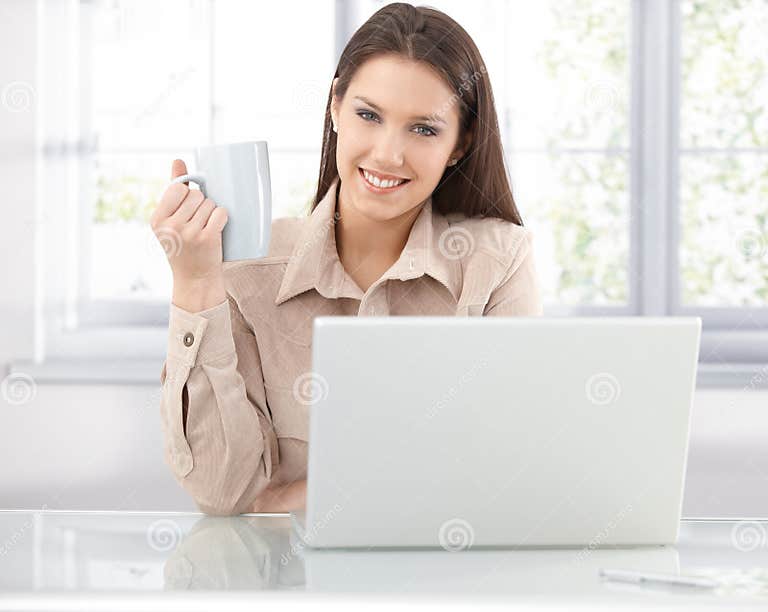 Happy Woman Browsing Internet at Home Stock Image - Image of contact ...