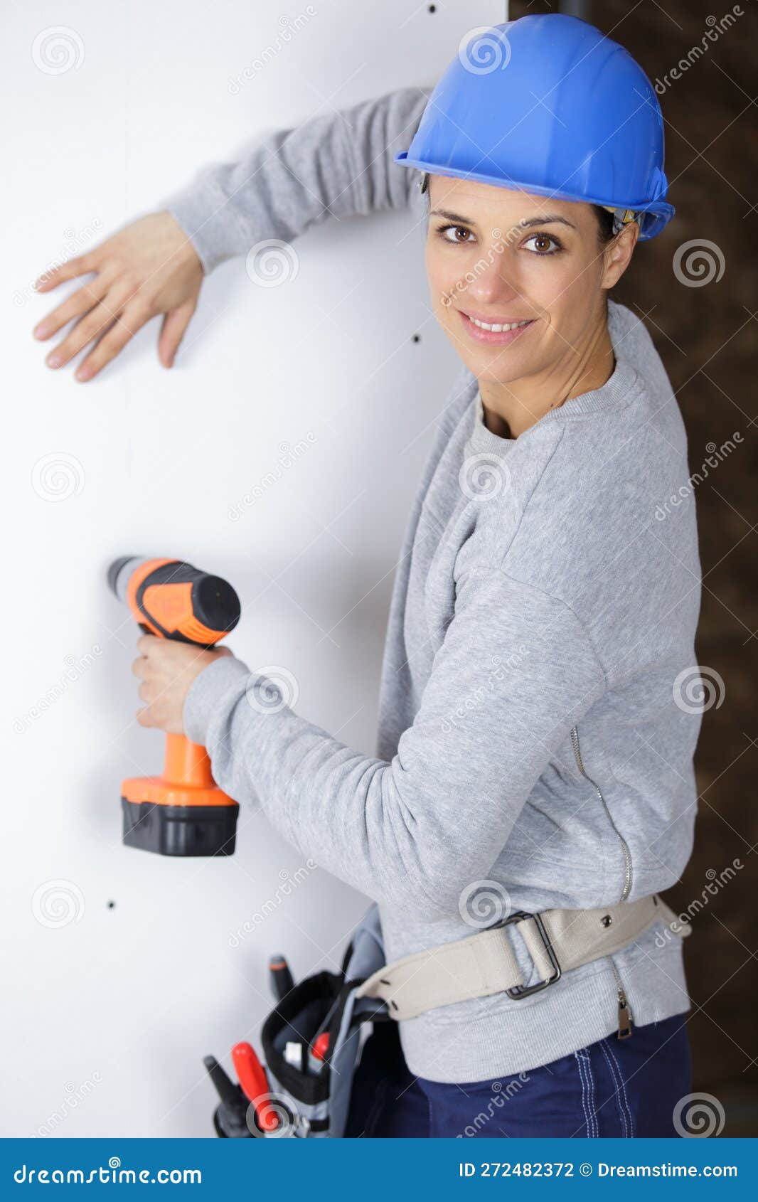 Happy Woman Builder Holding Drill Tool Stock Photo - Image of equipment ...