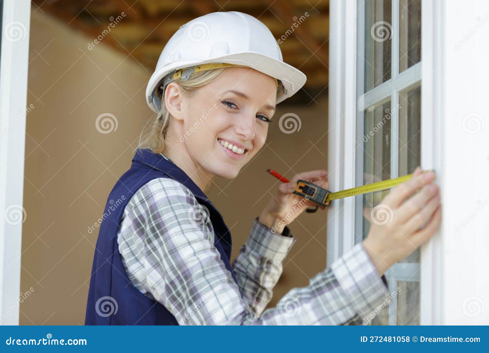 Happy Woman Builder Measuring Window Stock Photo - Image of driver ...
