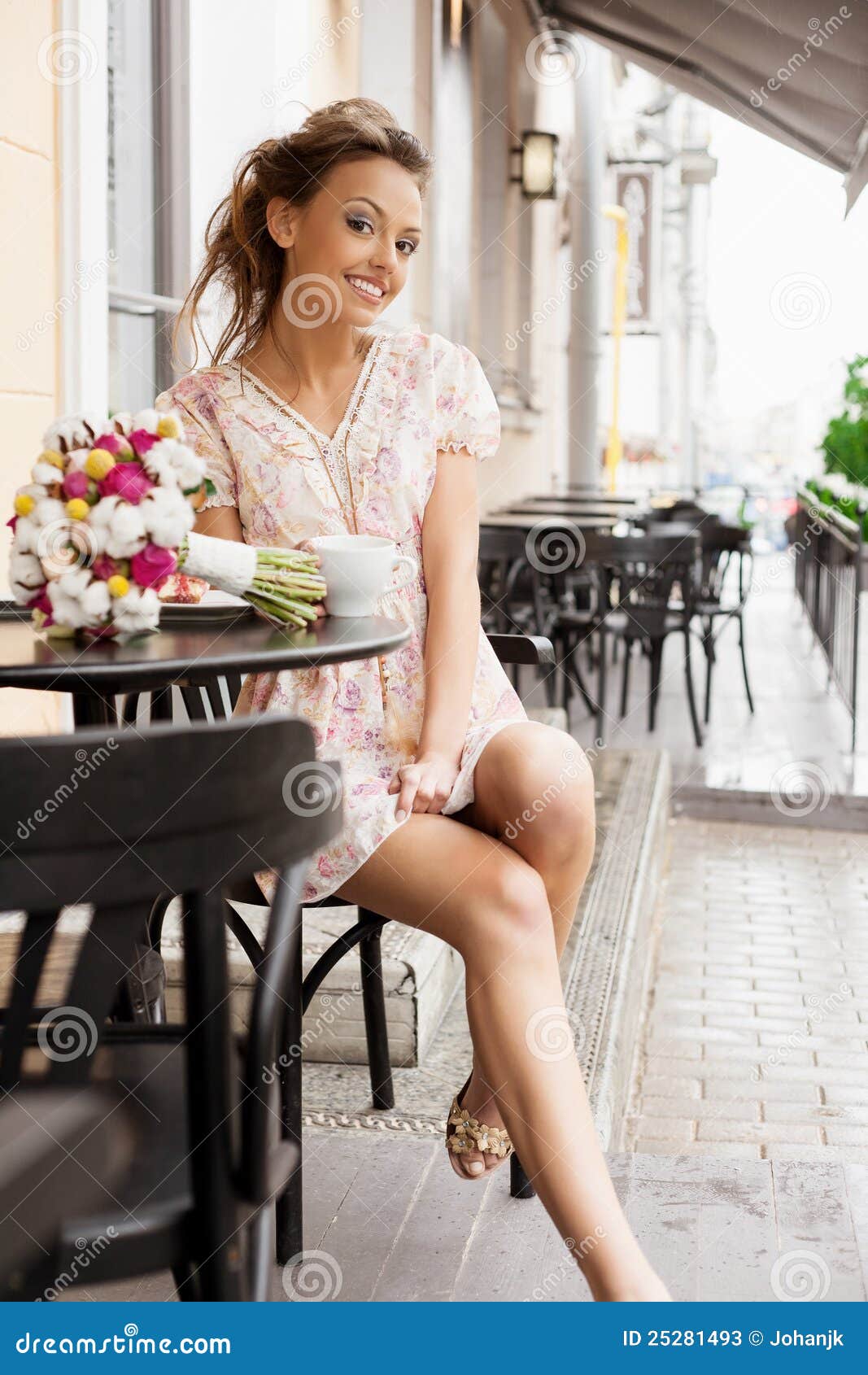 Happy woman in cafe stock image. Image of chair, city - 25281493
