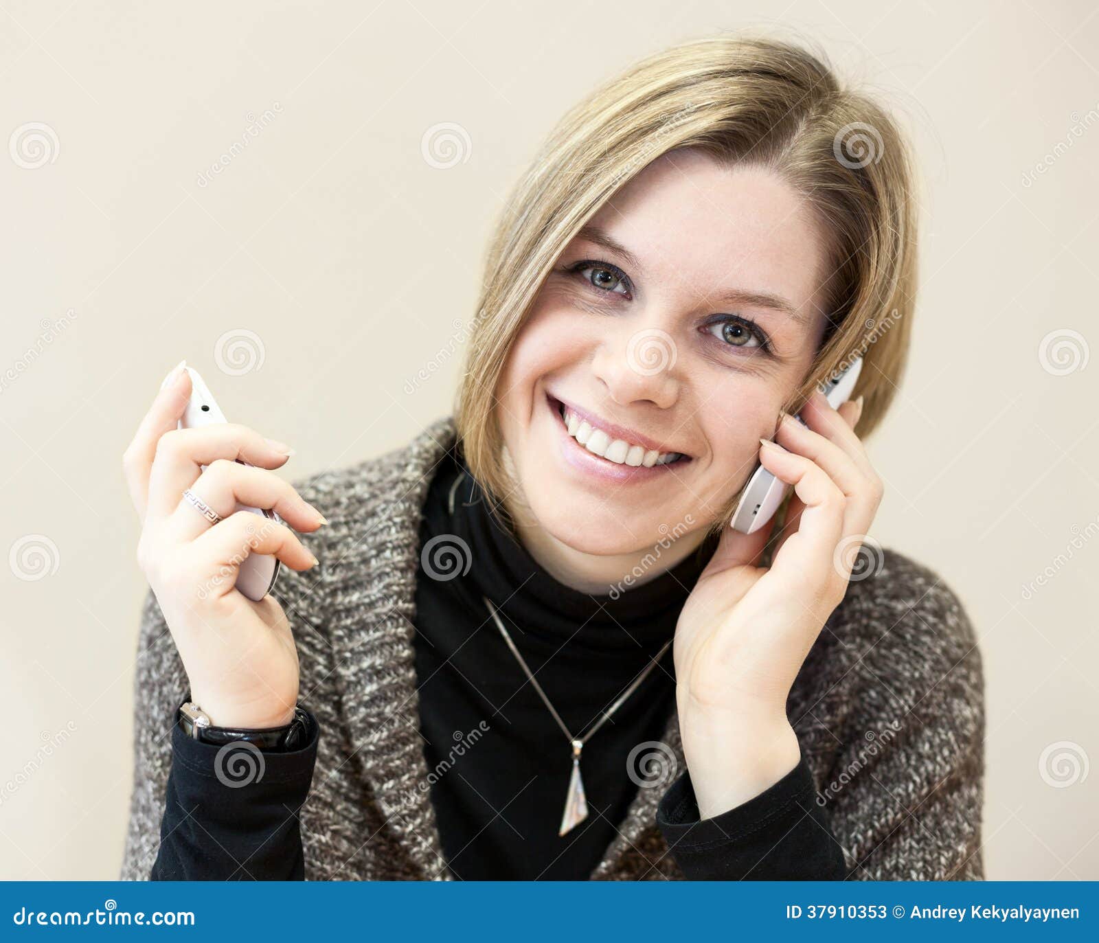 Happy Woman Calling with Two Mobile Phones Stock Image - Image of ...
