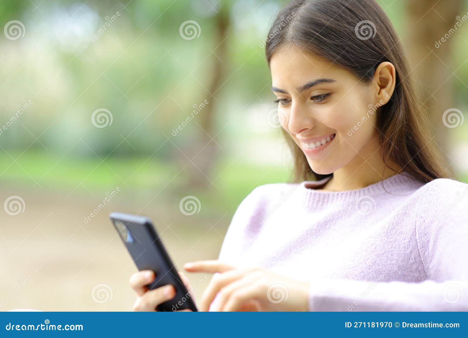 Happy Woman Checking Cell Phone Stock Photo - Image of read, holding ...