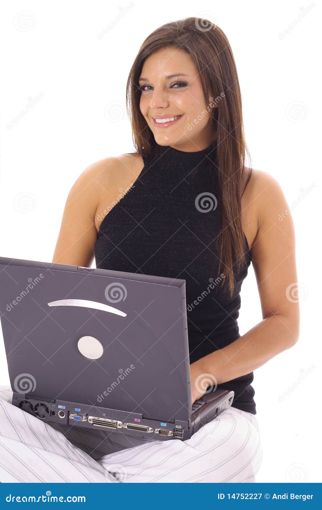 Happy Woman Checking Email on Laptop Vertical Angl Stock Image - Image ...