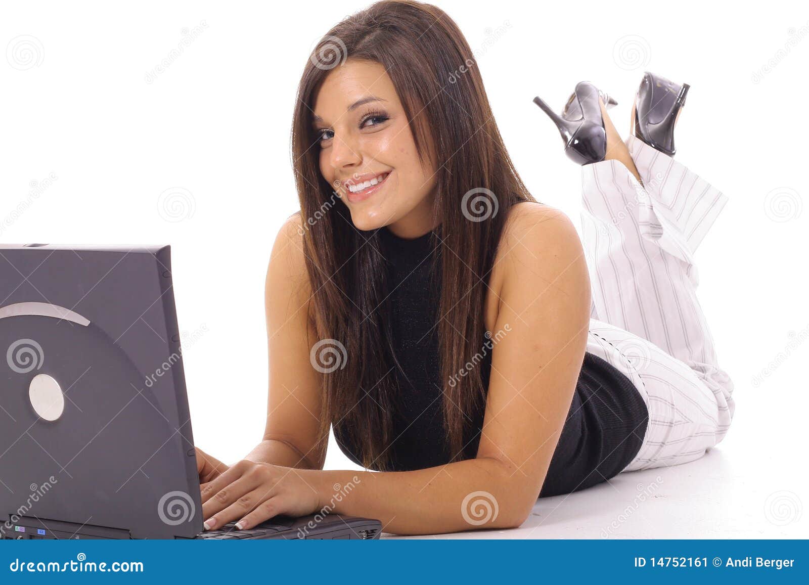 Happy Woman Checking Emails on Laptop Stock Image - Image of lifestyle ...