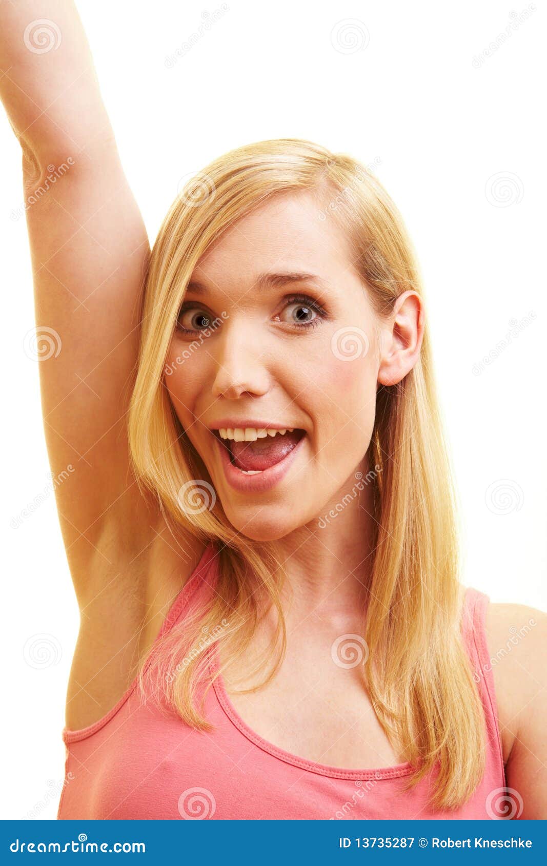 Happy woman cheering stock image. Image of copy, portrait - 13735287