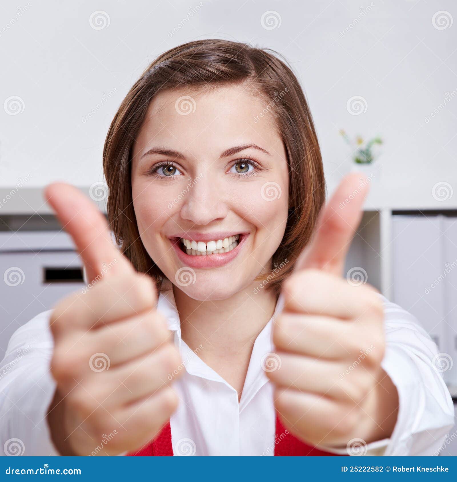 Happy Woman Cheering with Two Thumbs Up Stock Photo - Image of merchant ...