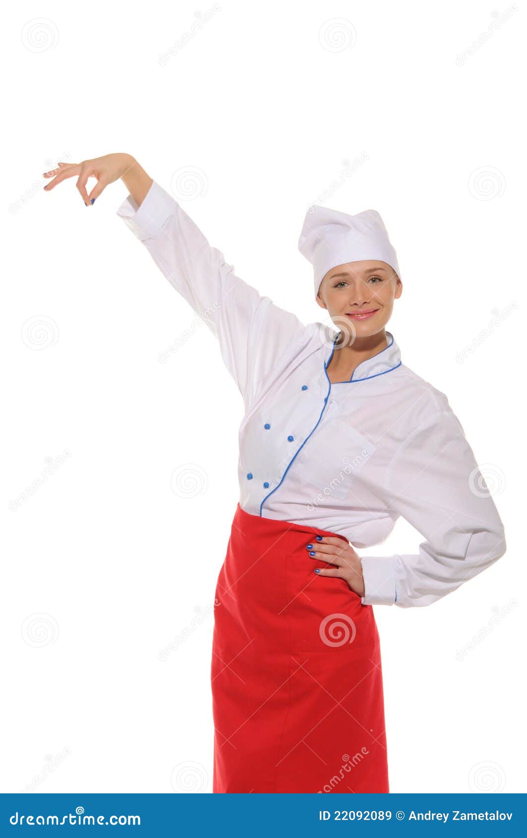 Happy woman chef picks up stock image. Image of female - 22092089