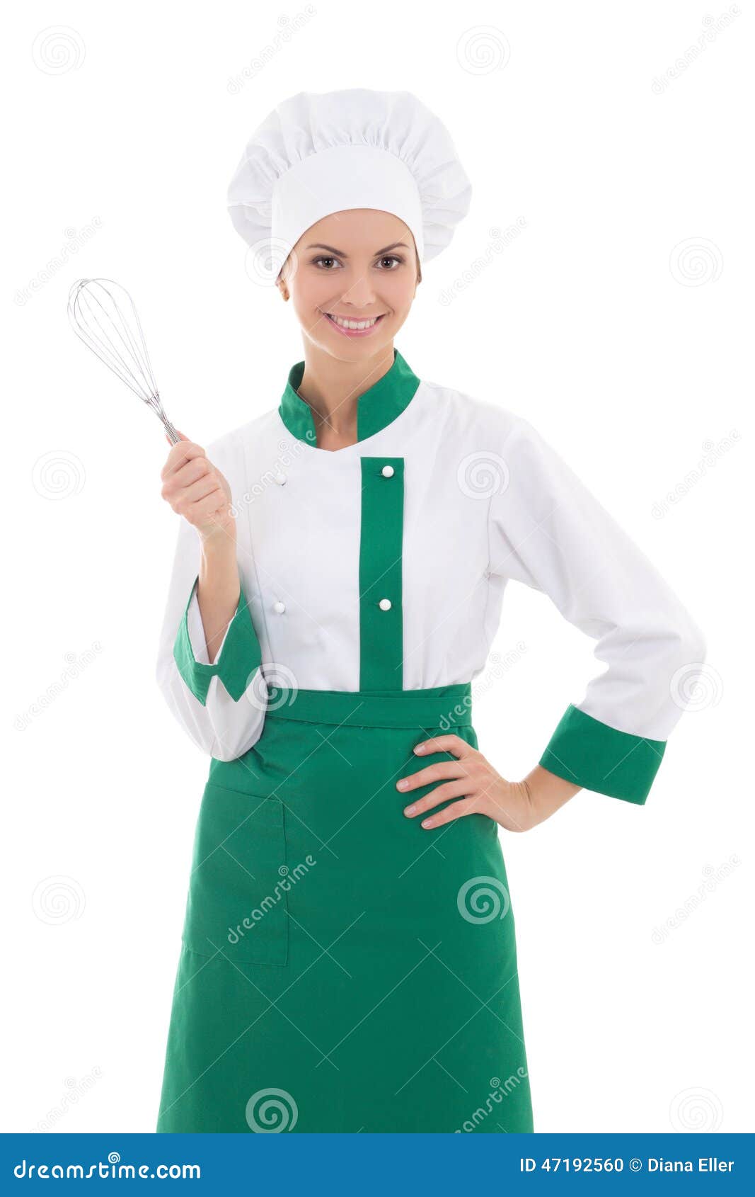Happy Woman in Chef Uniform with Corolla Isolated on White Stock Photo ...