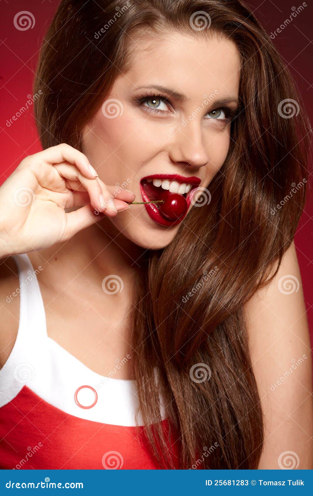 Happy woman with cherries stock image. Image of caucasian - 25681283