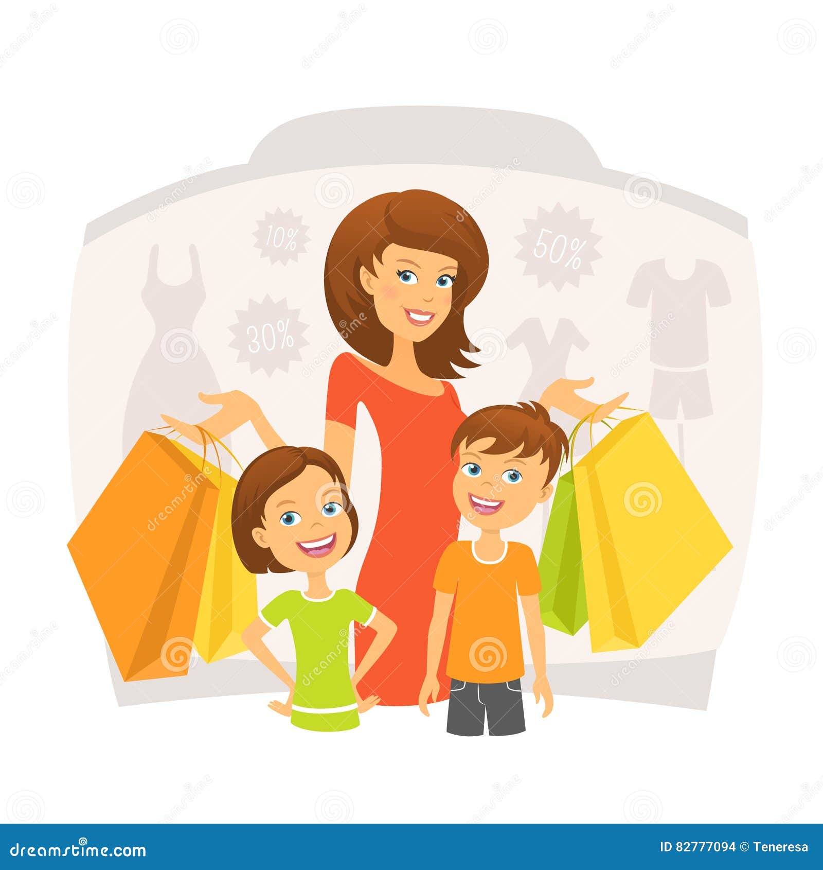 Happy Woman with Children on Shopping Stock Vector - Illustration of ...