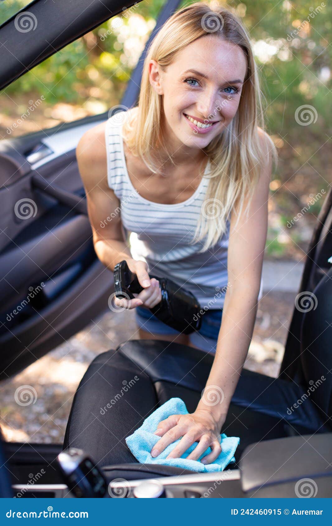 Happy Woman Cleaning Car Outdoors Stock Image - Image of rent, sitting ...