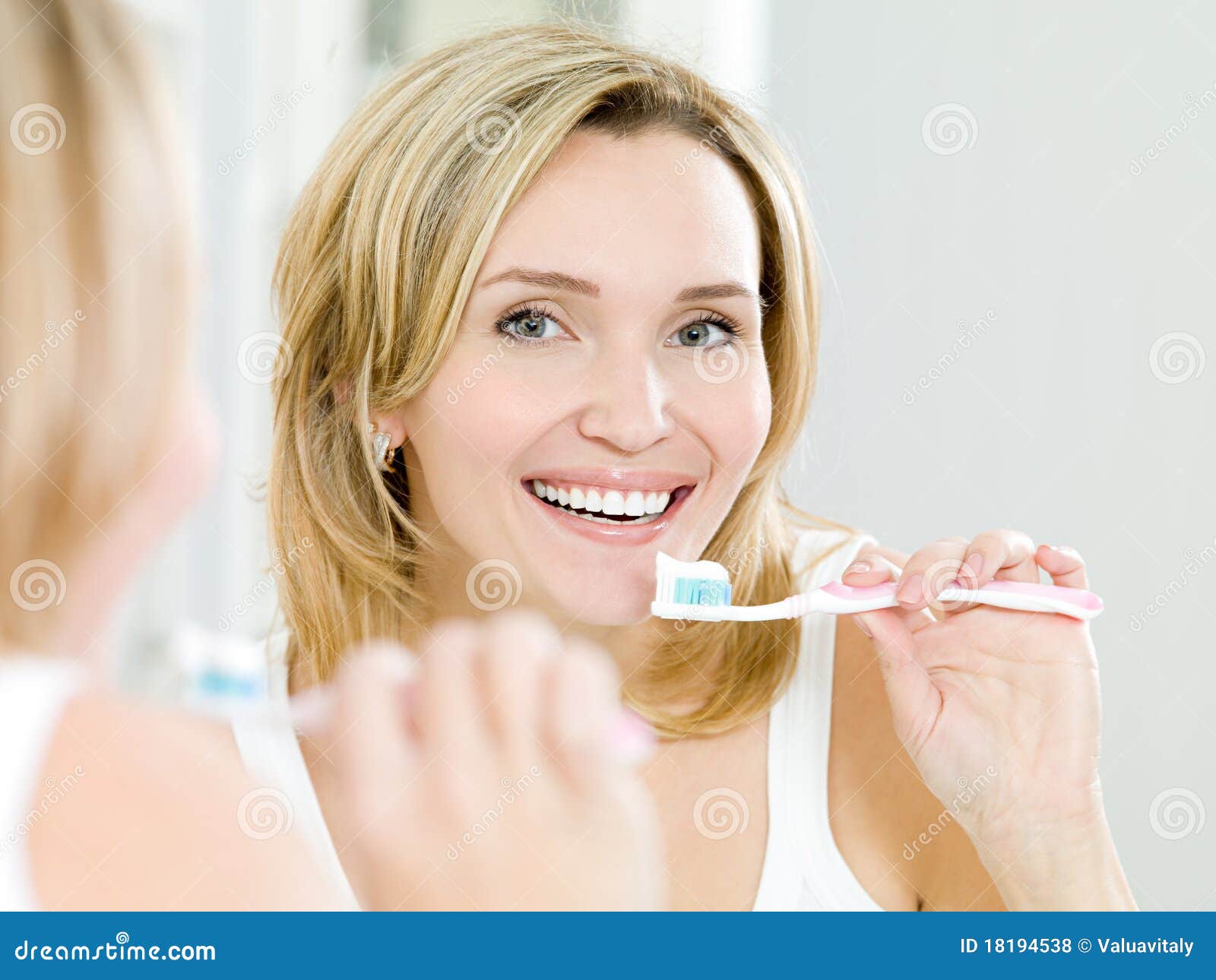 Happy Woman Cleaning Teeth with Toothbrush Stock Photo - Image of ...