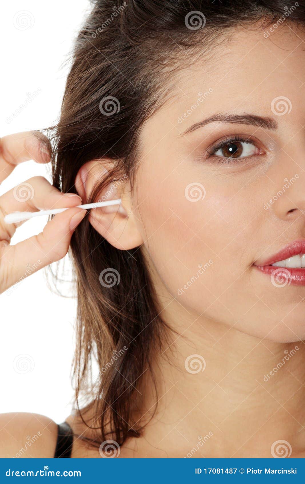 Happy woman cleans her ear stock image. Image of cleaners - 17081487