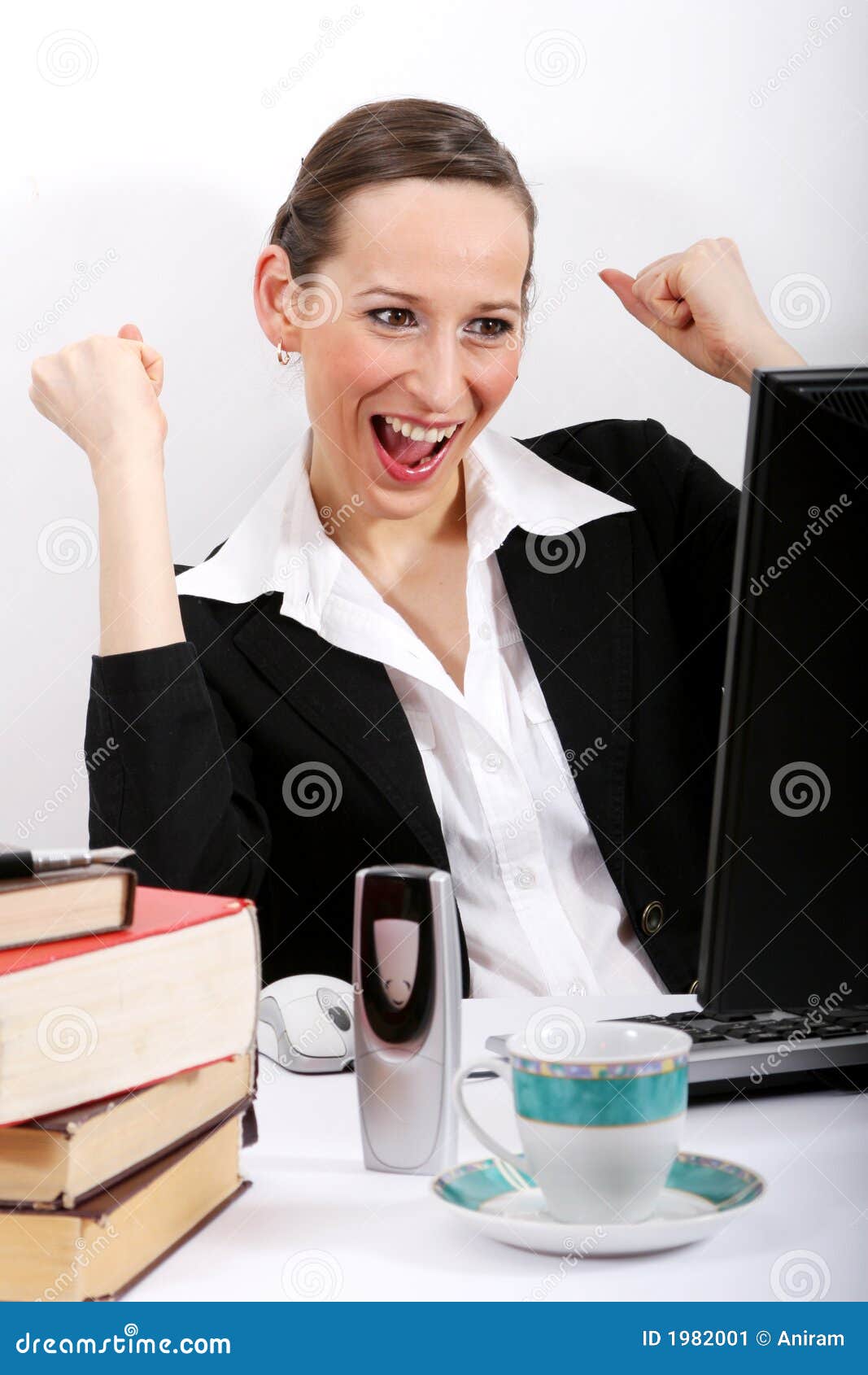 Happy woman at computer stock image. Image of success - 1982001