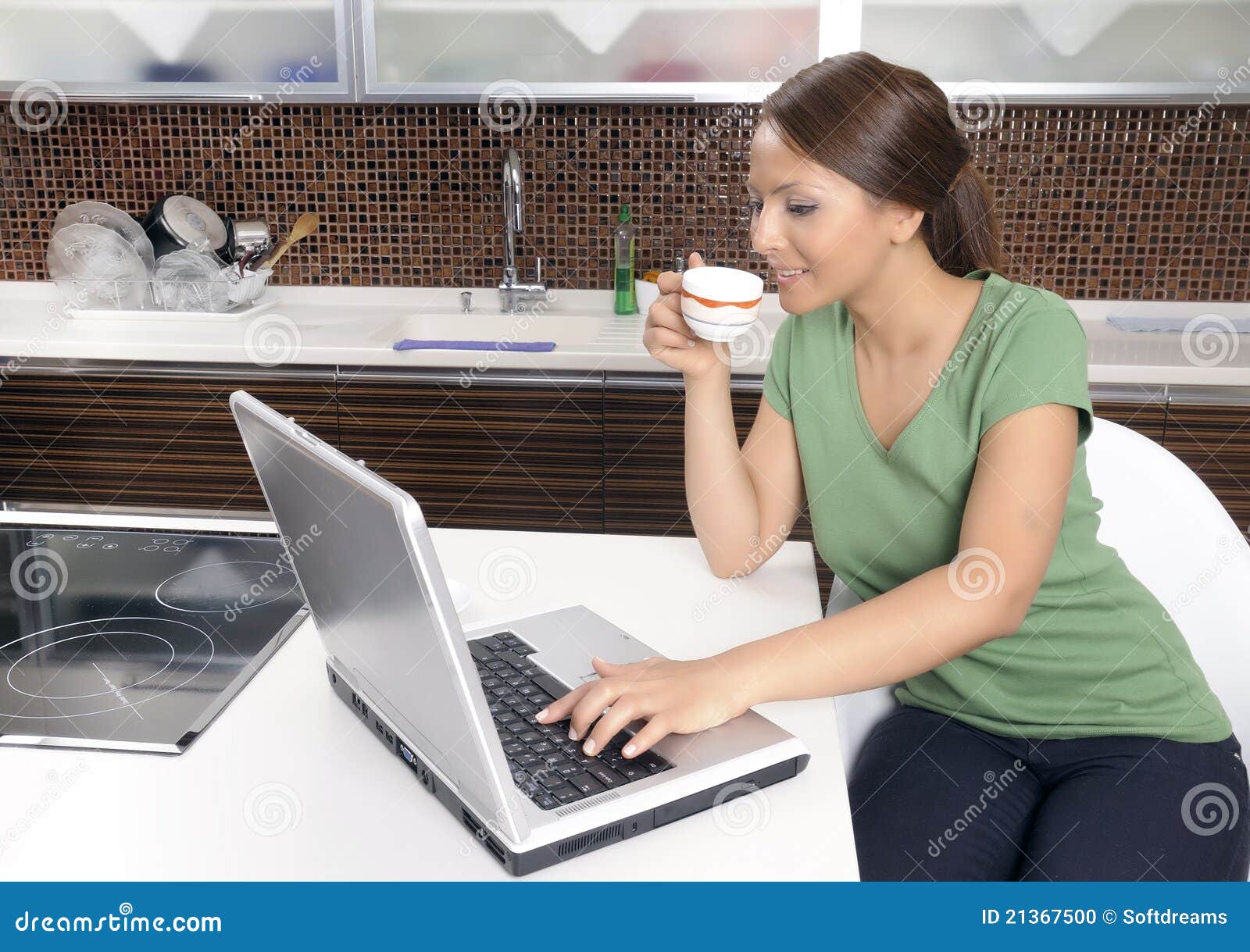 Happy Woman with a Computer Stock Photo - Image of computer, connected ...