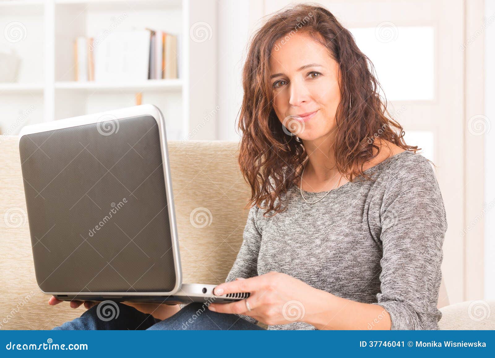 Happy woman with computer stock image. Image of cheerful - 37746041